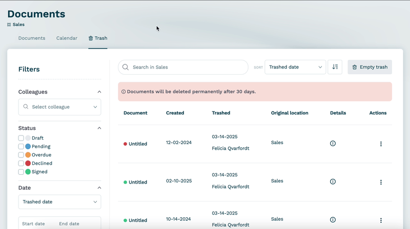 Trash - Manage Deleted Documents in Oneflow – Oneflow Help Center